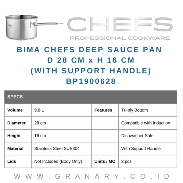 Bima Chefs Deep Sauce Pan D28cm x H16cm, 9.8 L, w/Support Handle, SUS ...