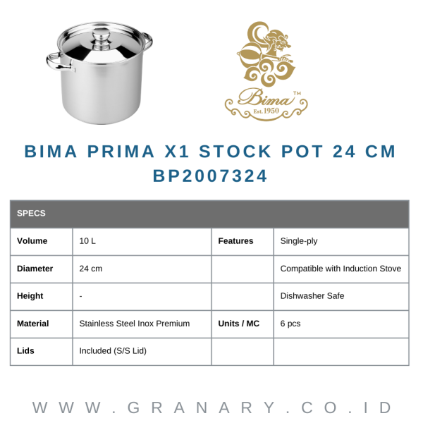 Bima Prima X1 Stockpot 24cm with S/S Lid, 10L, Inox Premium - Granary ...